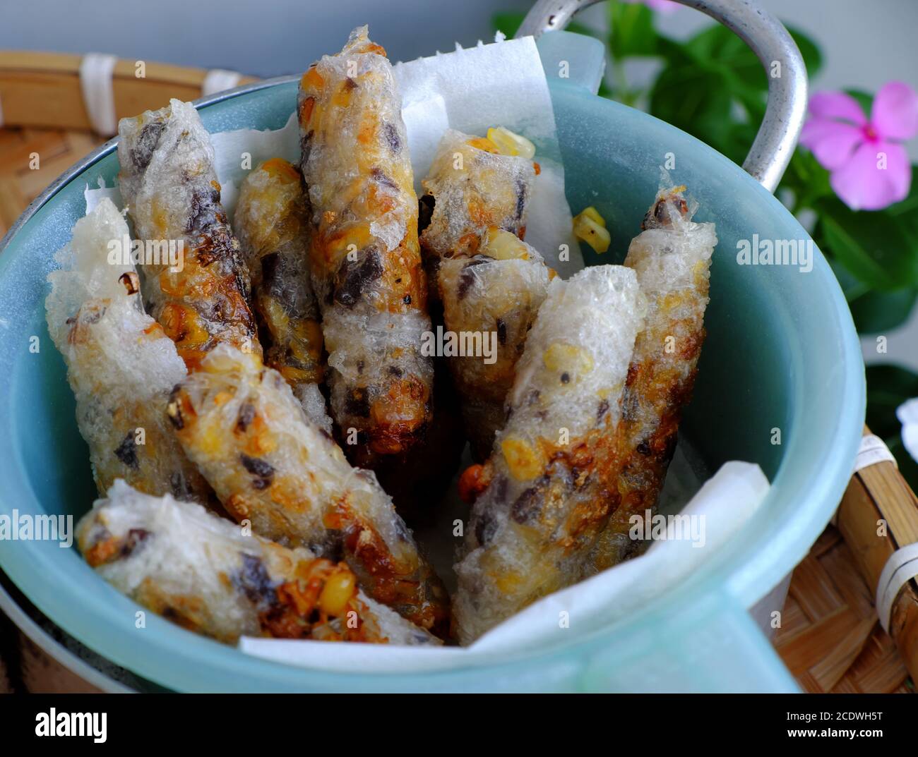 Close up deep fried corn spring rolls, delicious vegan dish from corn ...