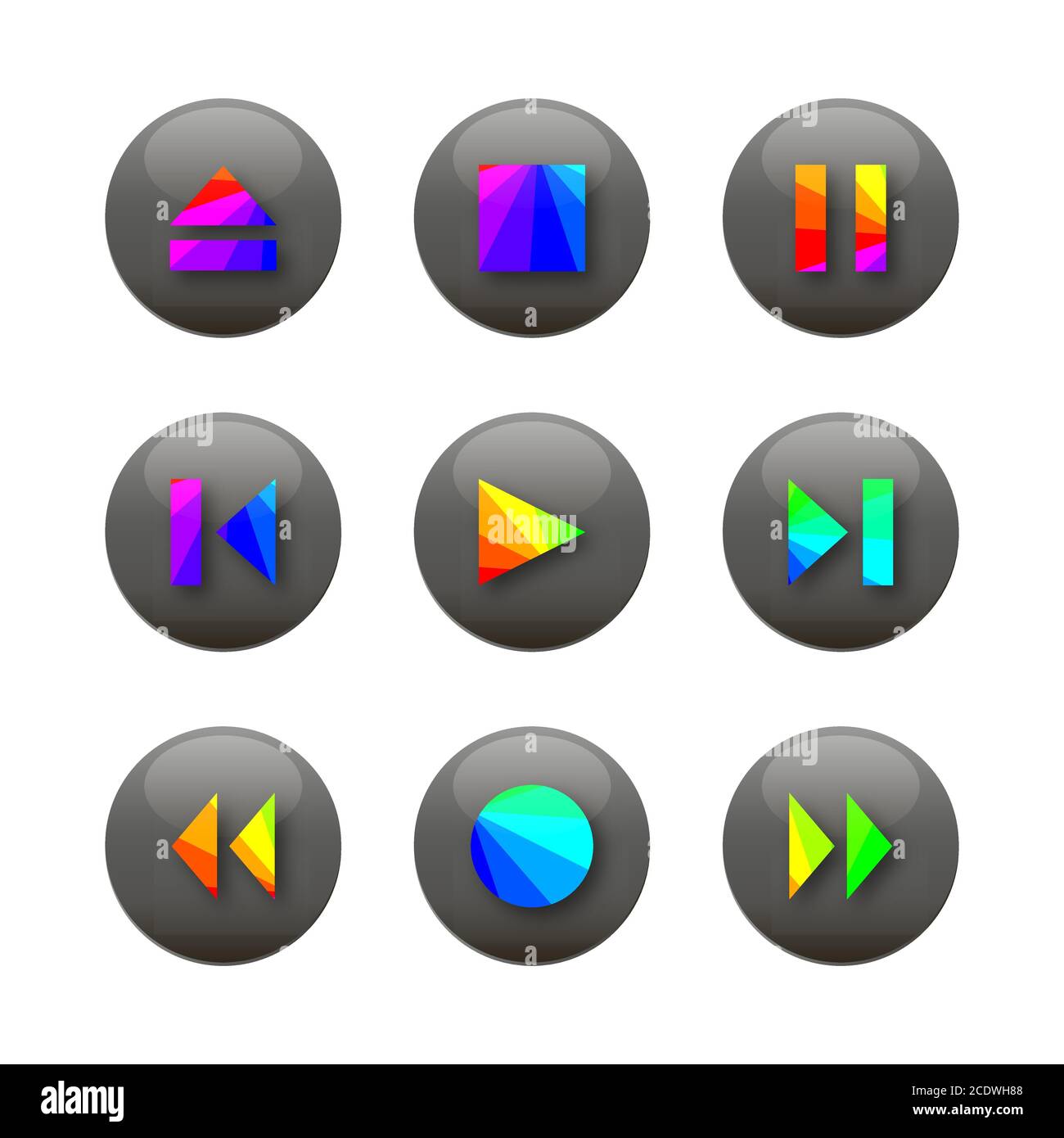 Set of nine round control buttons of player, media icons with shadow ...