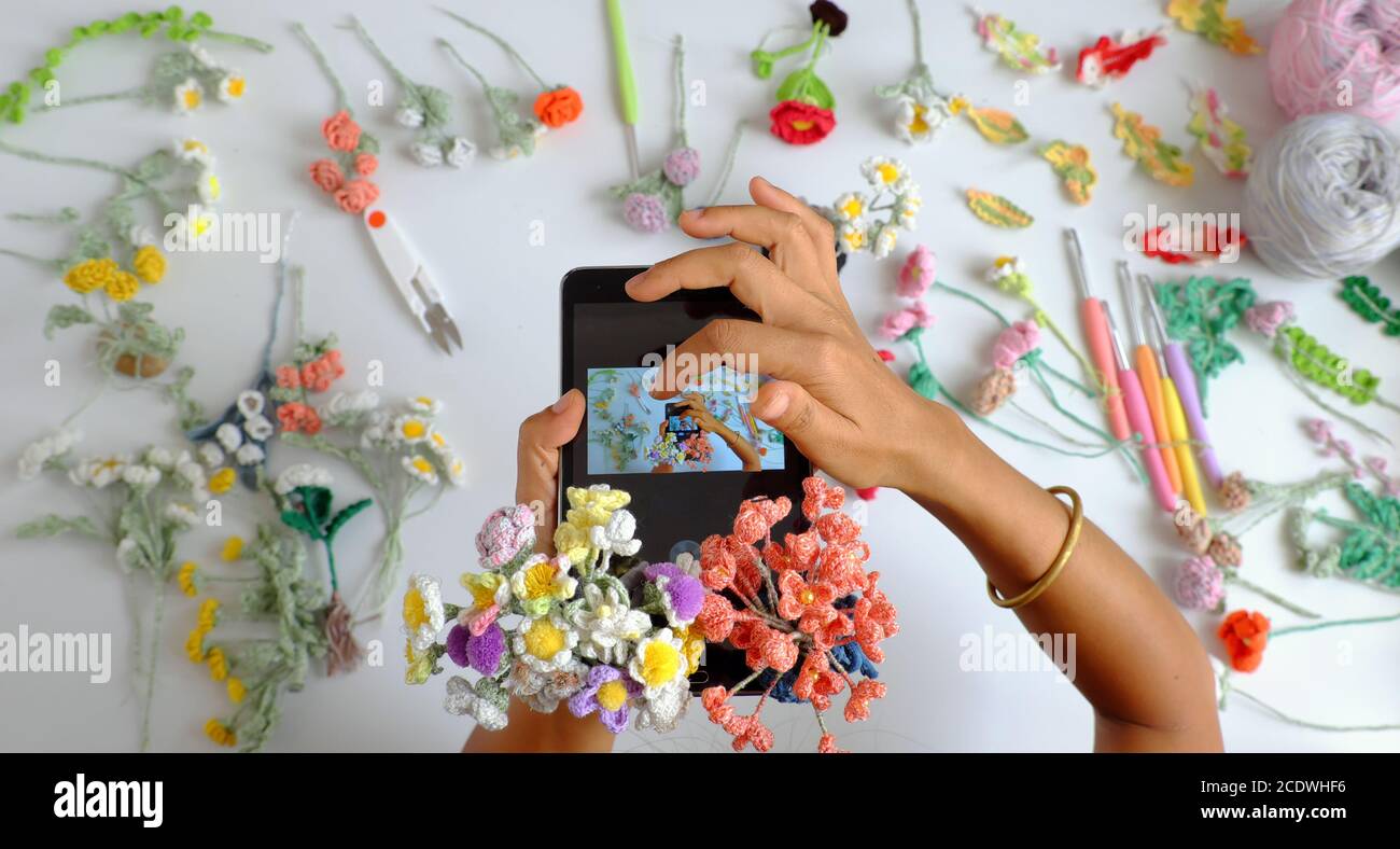 Amazing top view shooting time handmade crochet product of female ...