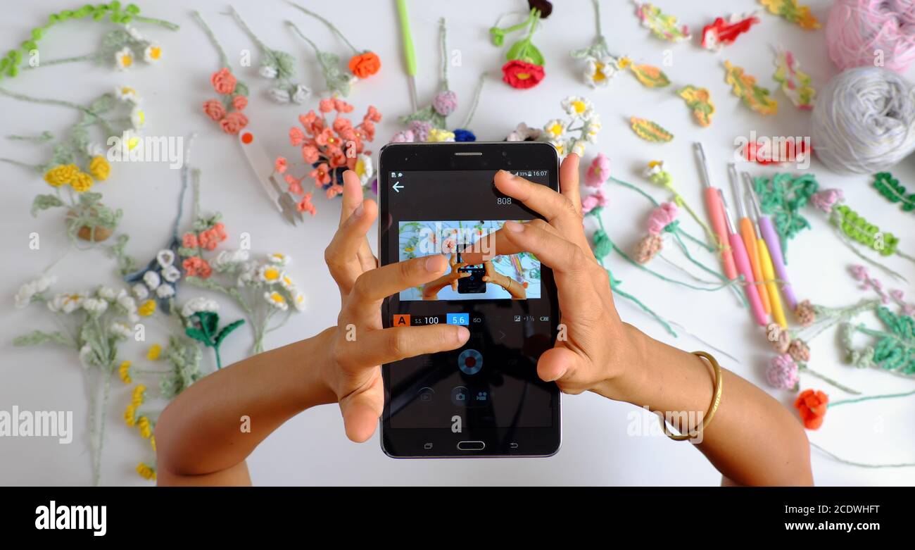 Amazing top view shooting time handmade crochet product of female ...