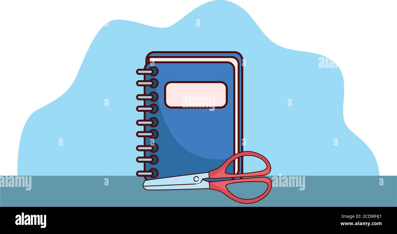 School blue notebook with scissor design, Education class lesson and ...