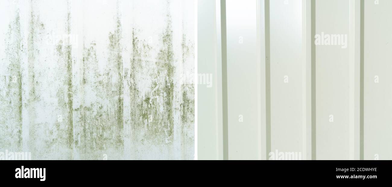 Washing building facade with water concept. Cleaning dirty wall ...