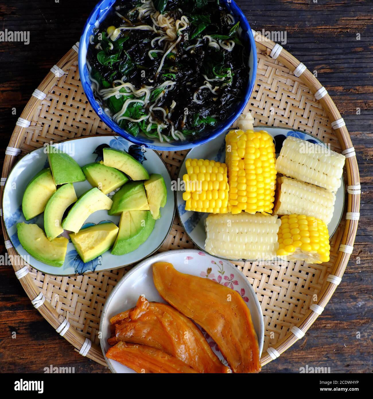 Top view tray of food for quick vegan lunch, cheap and simple meal with ...