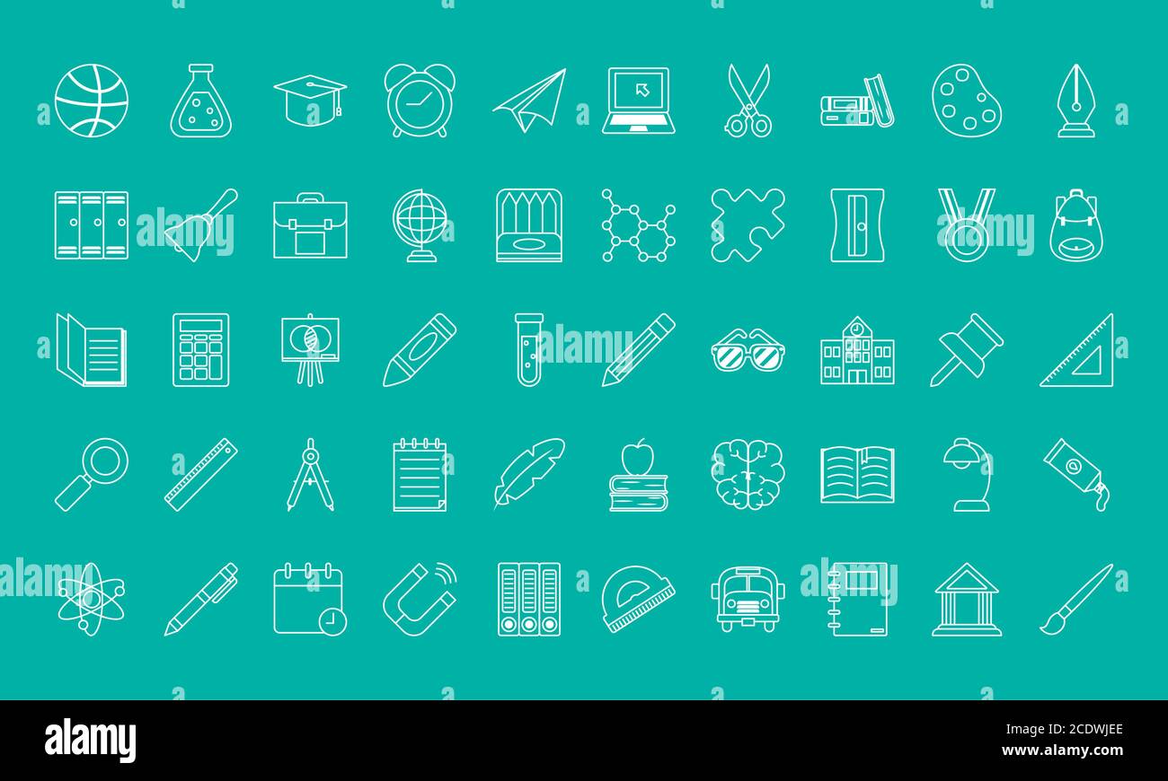 school icon set over turquoise background, line style, vector ...