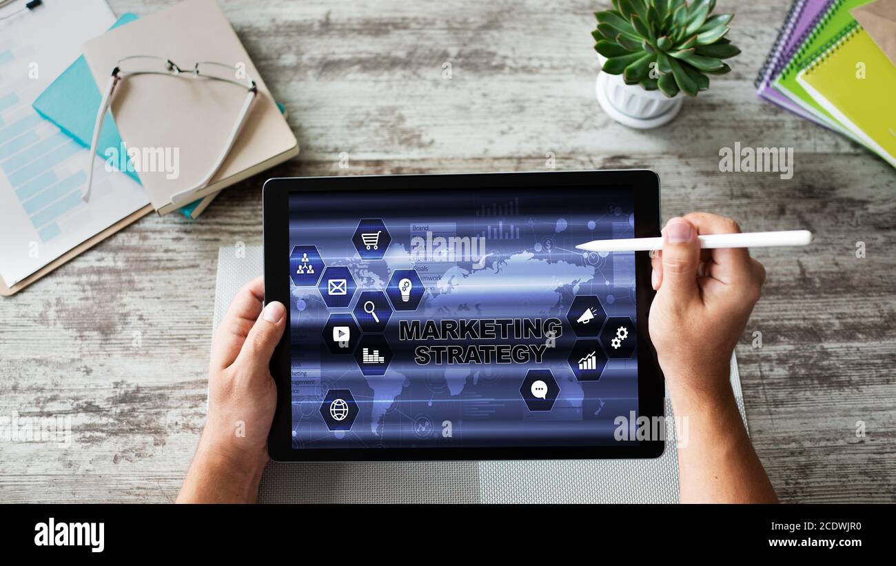 Marketing strategy diagram on device screen. Business concept Stock ...