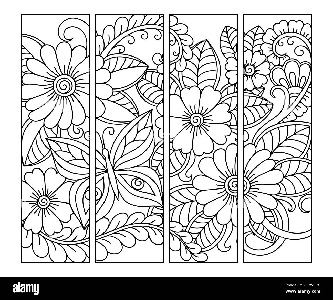 Bookmark for book - coloring. Set of black and white labels with floral ...