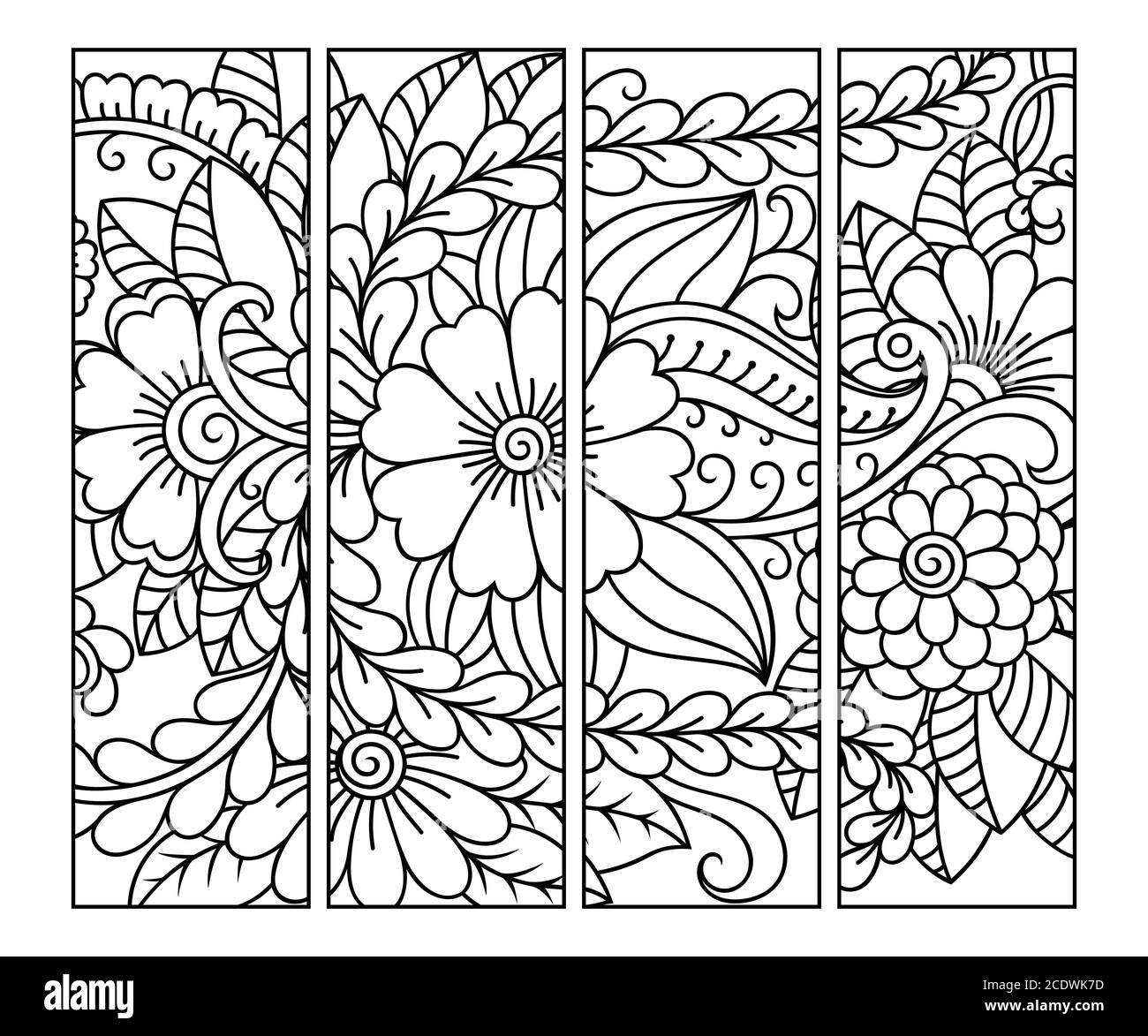 Bookmark for book - coloring. Set of black and white labels with floral ...