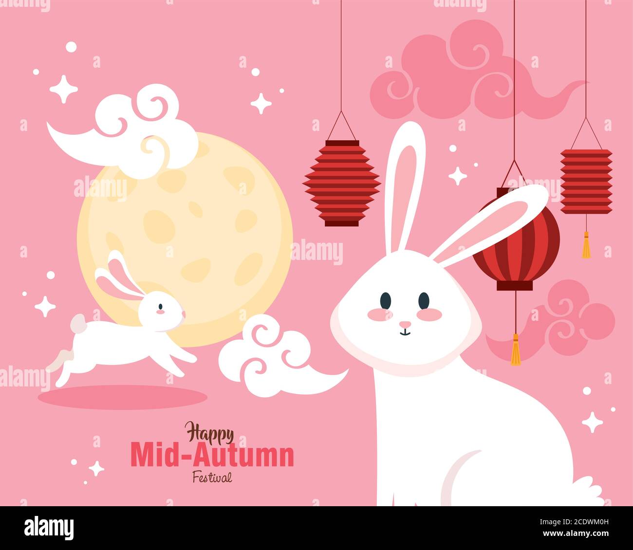 rabbits with moon lanterns and clouds of happy mid autumn festival ...