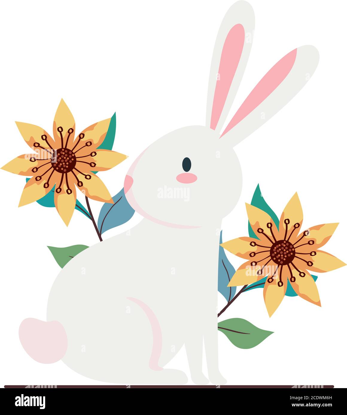 Cute white rabbit cartoon with flowers and leaves vector design Stock ...