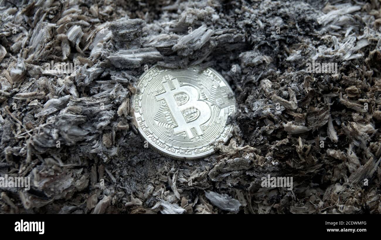 Bitcoin on fire-scorched earth among ashes. System collapse and loss of ...