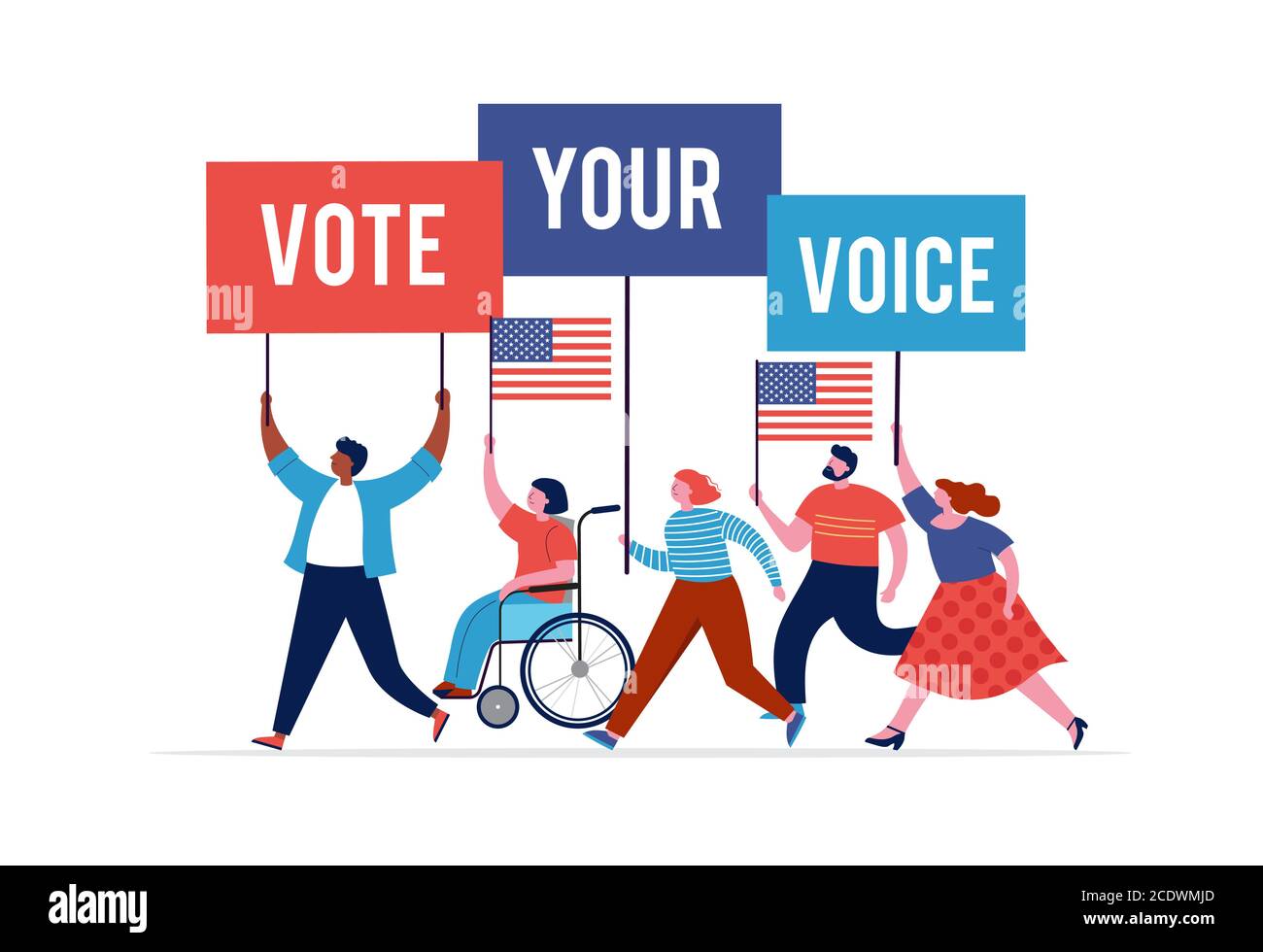 Group of people, walking with flags to elections. Crowd of women and ...