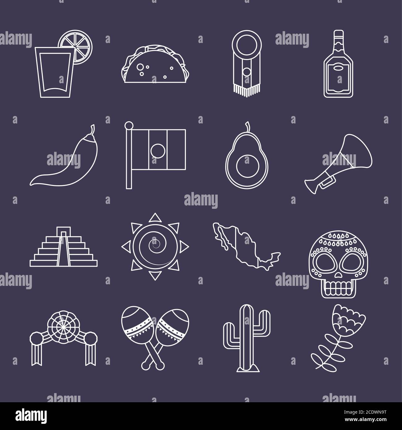 mexican flag and mexico icon set over dark background, line style ...