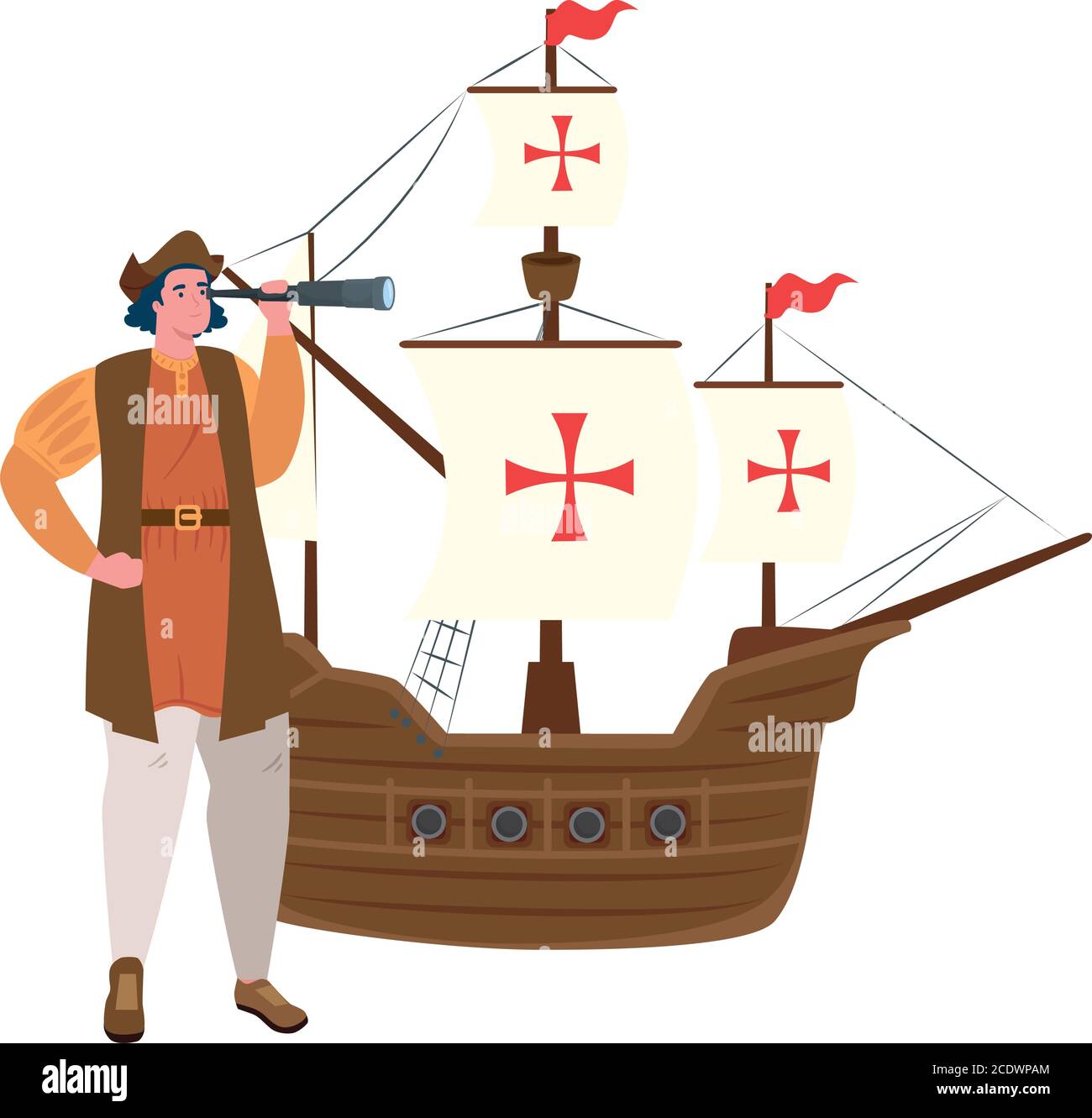 Christopher Columbus cartoon with telescope and ship vector design ...
