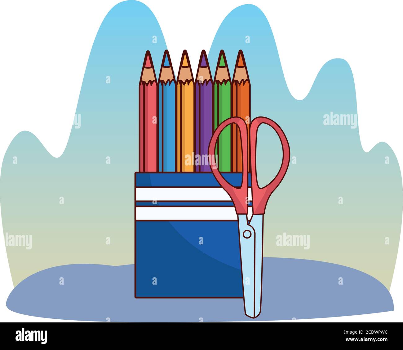 School colored pencils box and scissor design, Education class lesson ...