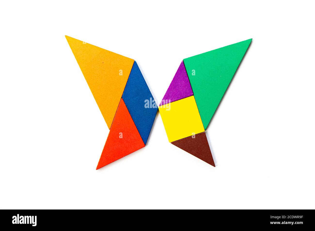 Color wood tangram puzzle in butterfly shape on white background Stock ...
