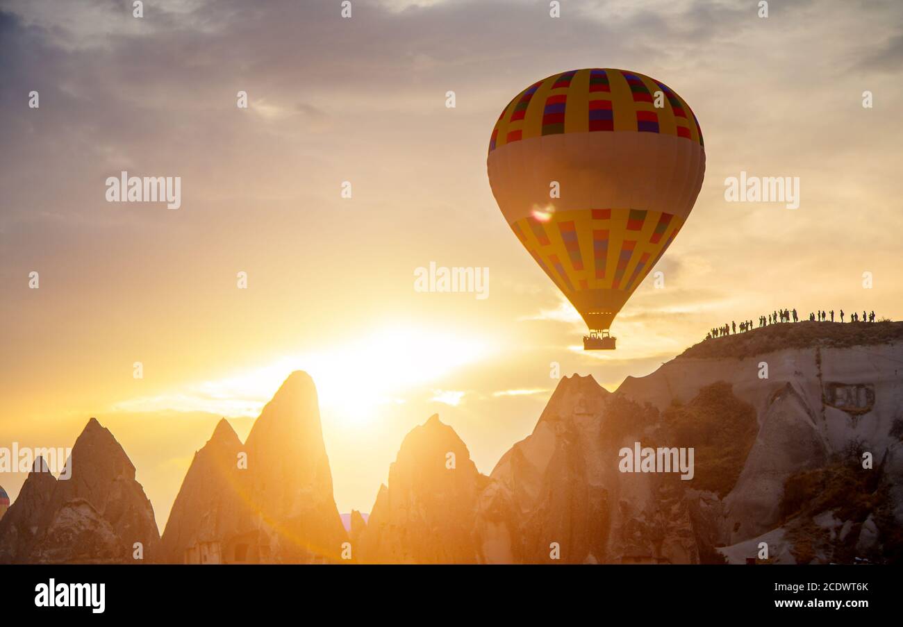 Hot air balloon flying over Cappadocia, Turkey Stock Photo - Alamy