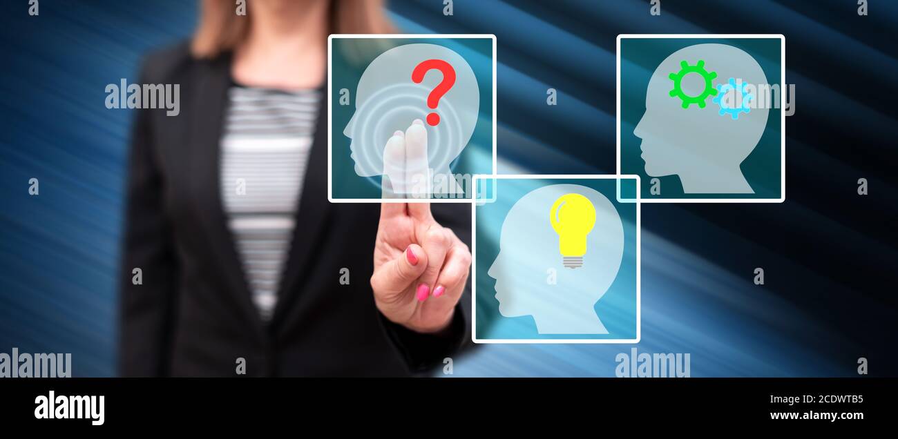 Woman touching an innovation concept on a touch screen with her fingers ...