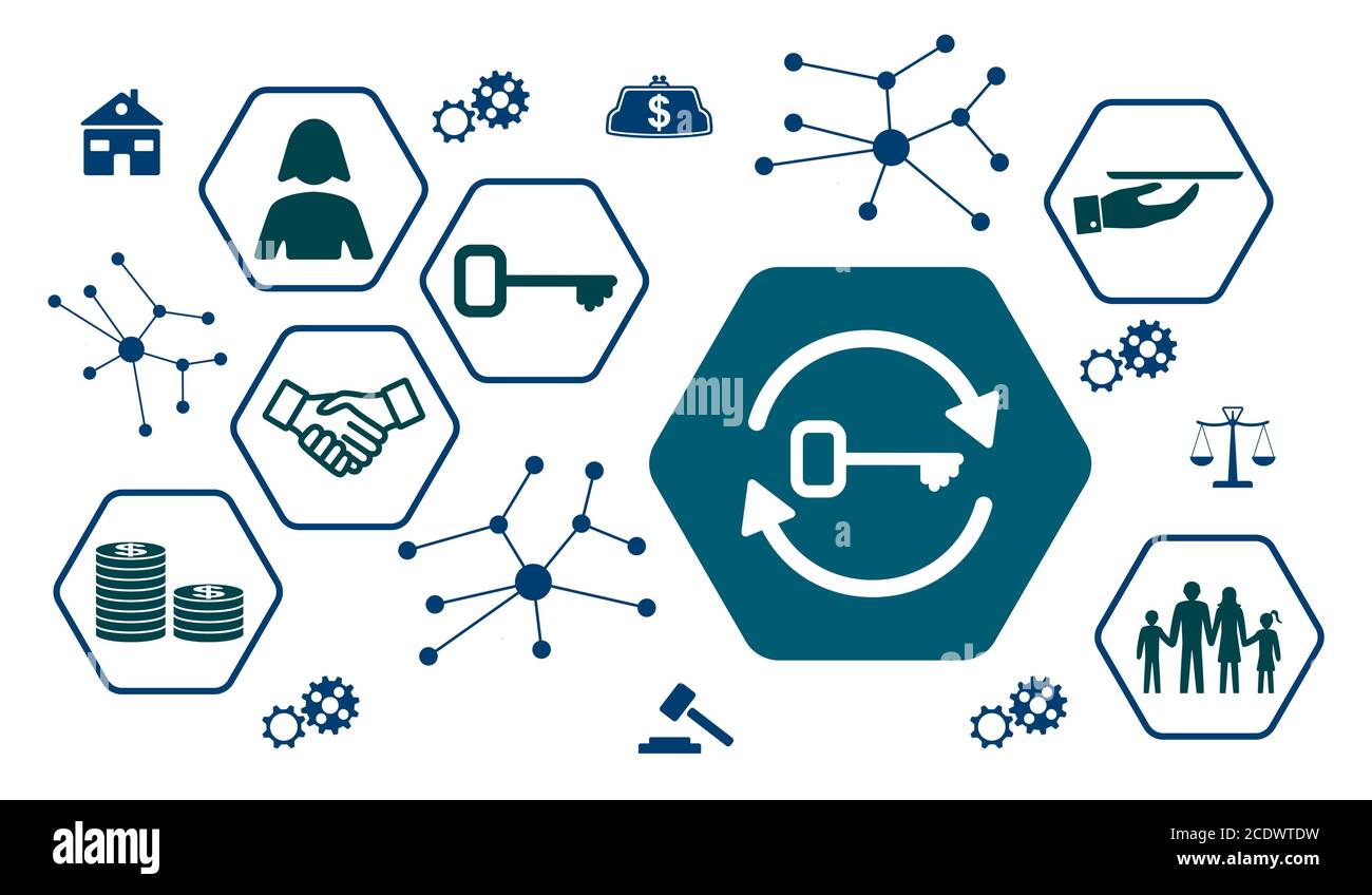 Concept of legacy with icons in hexagons Stock Photo - Alamy