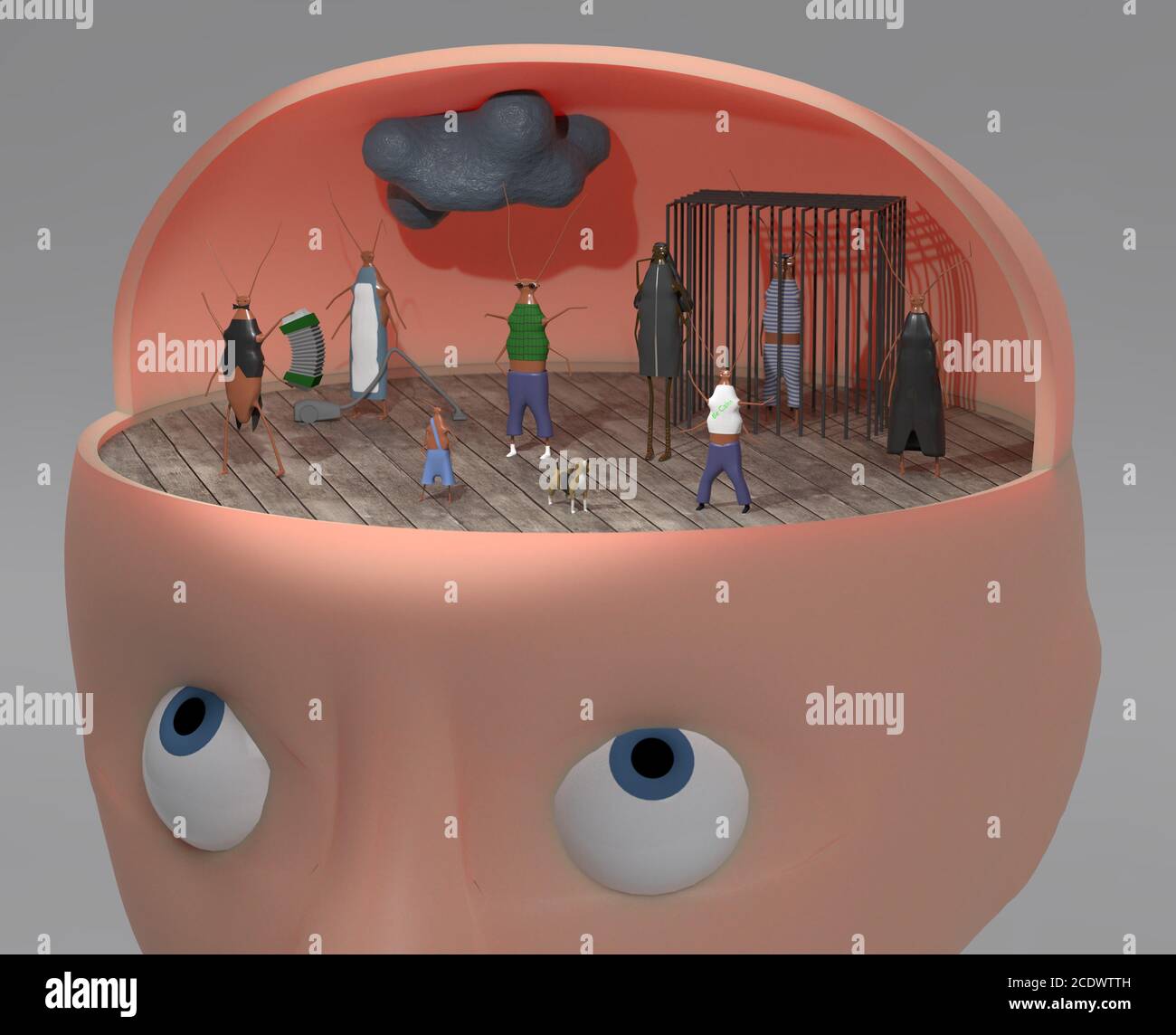 3d illustration of person with other faces like cockroach inside for ...