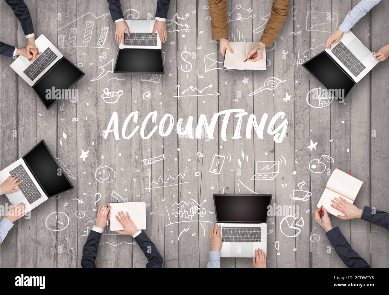 Group of business people working in office with ACCOUNTING inscription ...