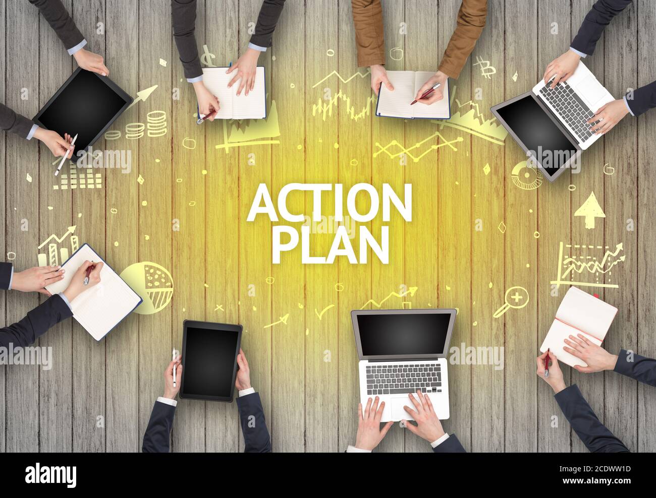 Group of Busy People Working in an Office with ACTION PLAN inscription ...
