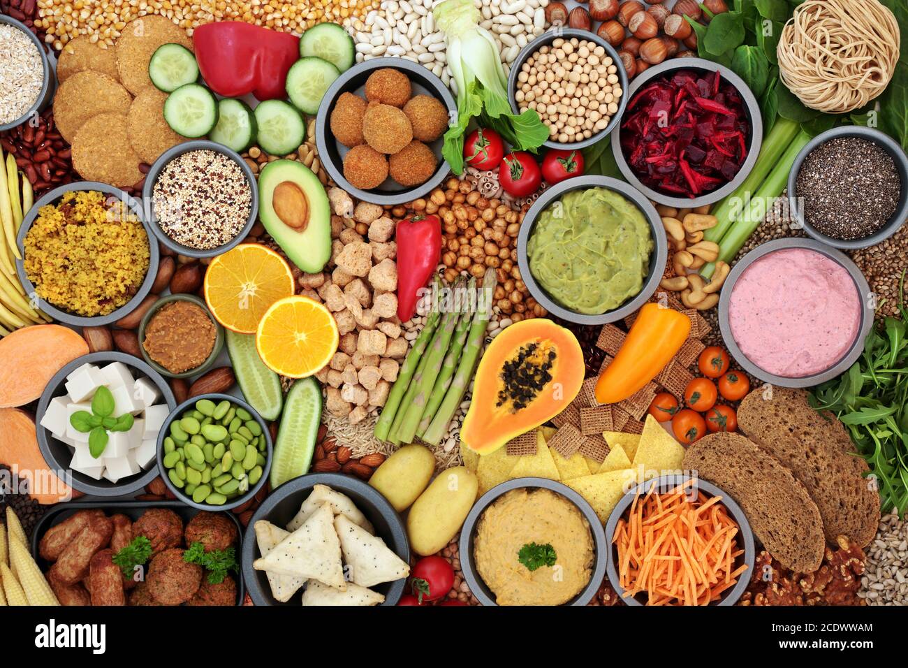 Plant based vegan food for good health with vegetables, fruit, tofu ...