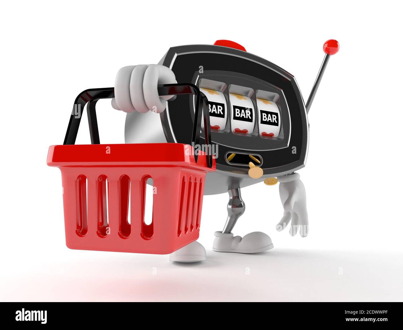 Slot machine character holding shopping basket isolated on white ...