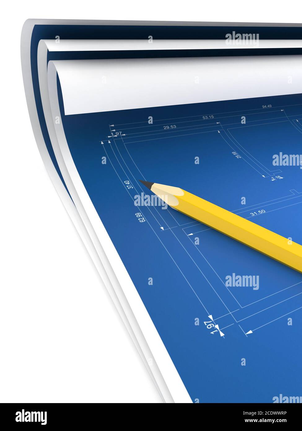 Blueprint with pencil isolated on white background Stock Photo - Alamy