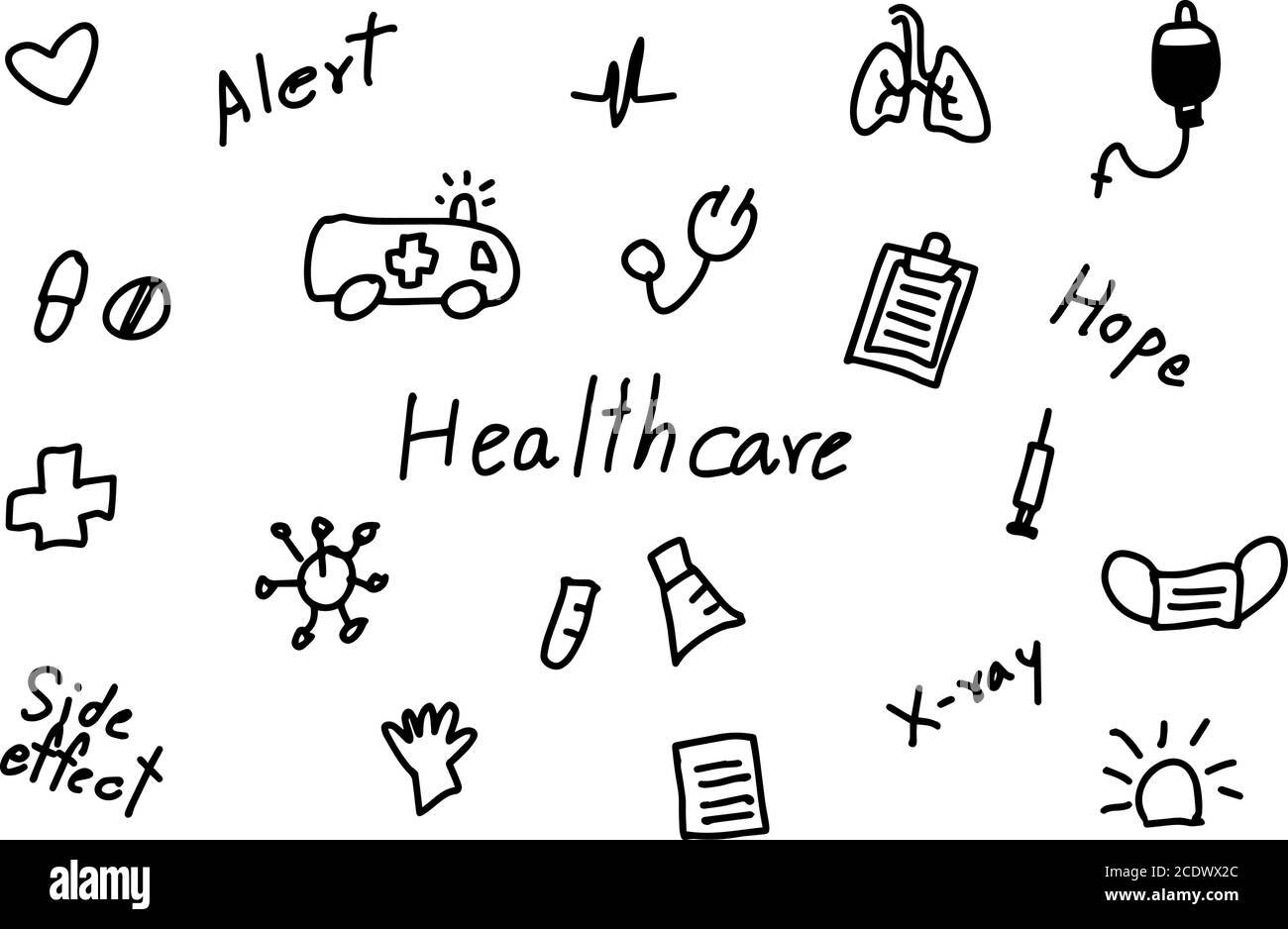 Hand drawing in set of healthcare doodle icon on white background Stock ...