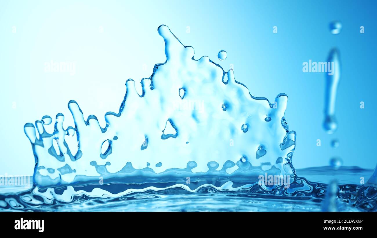 Frozen motion splash crown with waves and droplets on calm water ...