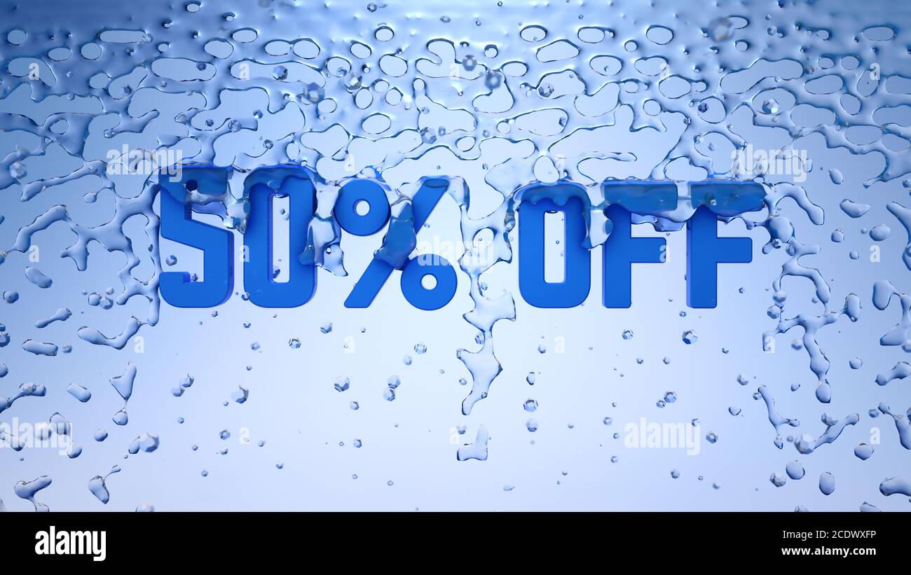 The word 50% off. Material blue and transparent ice covered by crystal ...