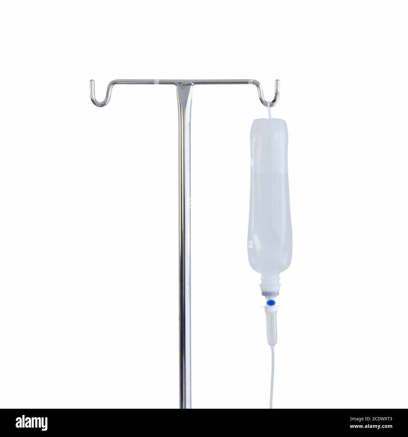Saline container hanging in a hospital steel column isolated on white ...
