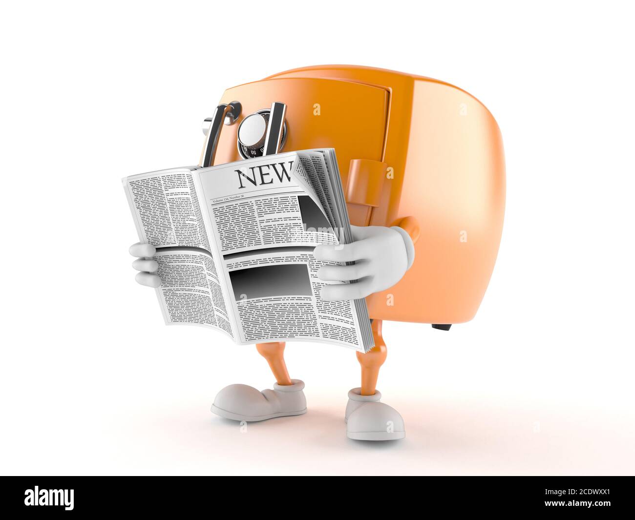 Safe character reading newspaper on white background Stock Photo - Alamy