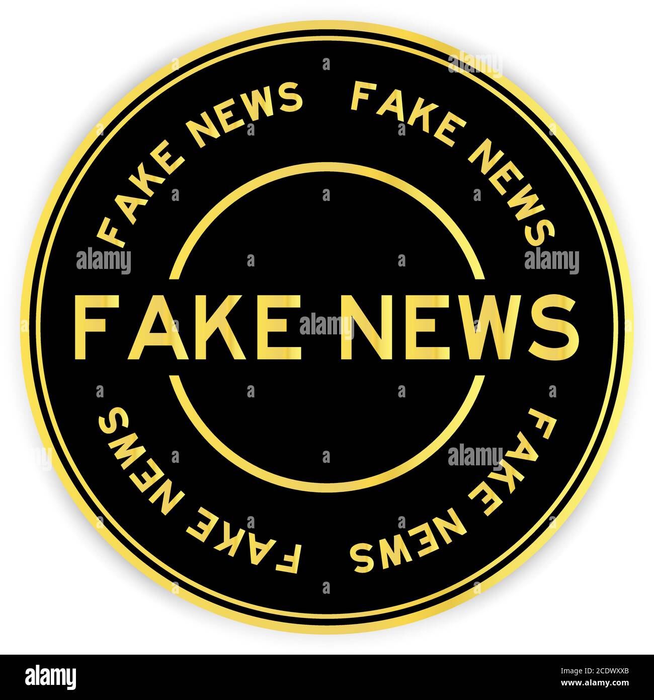 Black and gold color round sticker with word fake news on white ...