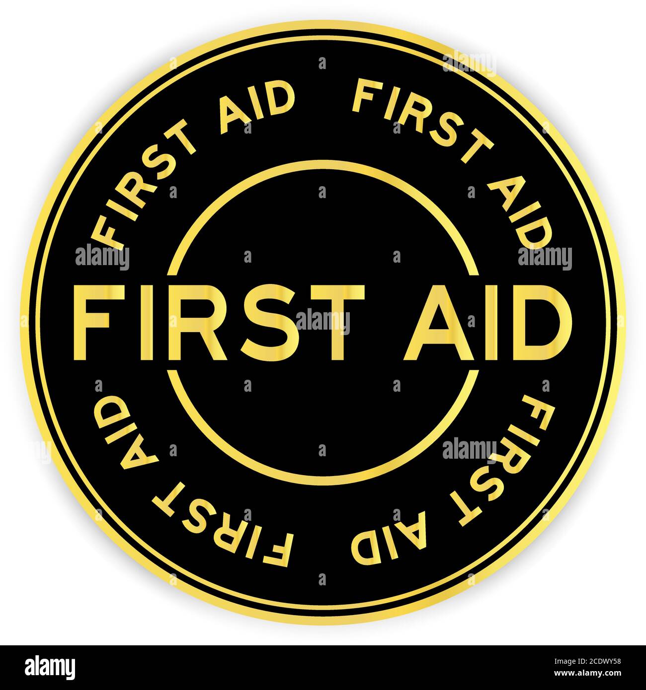 Black and gold color round sticker with word first aid on white ...
