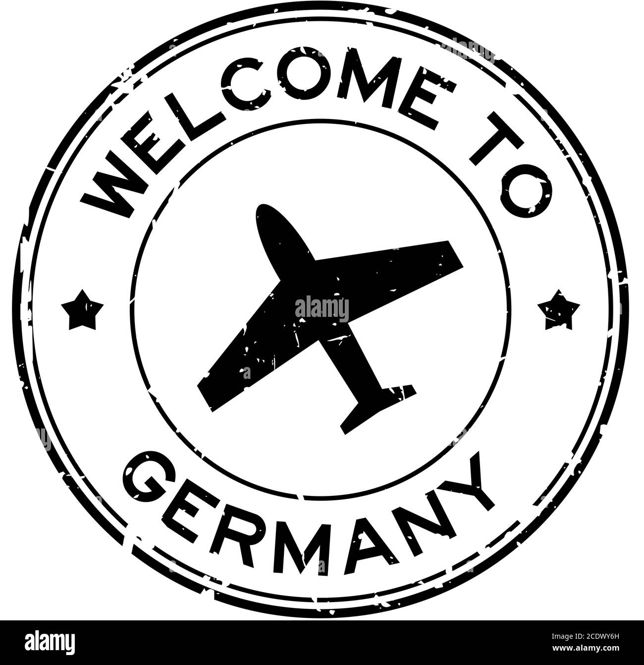 Grunge black welcome to Germany word with airplane icon round rubber ...