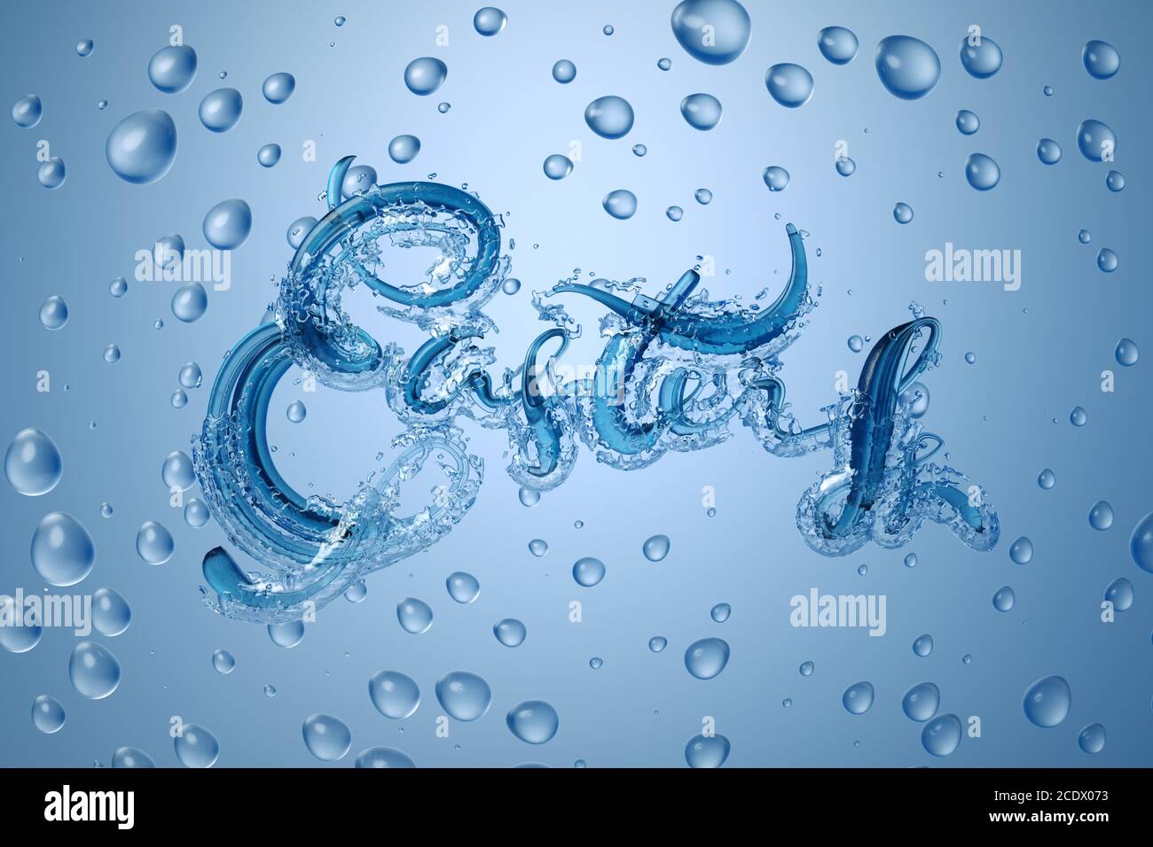 Happy Easter background with glass word decorated by eggs, water splash ...
