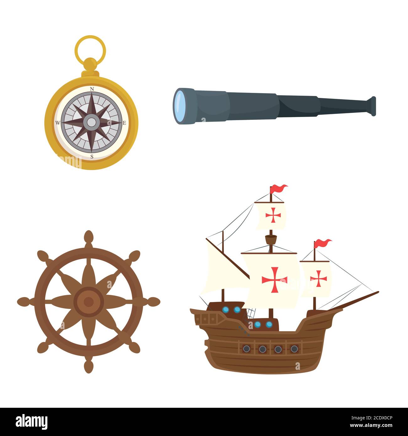 Columbus ship telescope compass and rudder vector design Stock Vector ...
