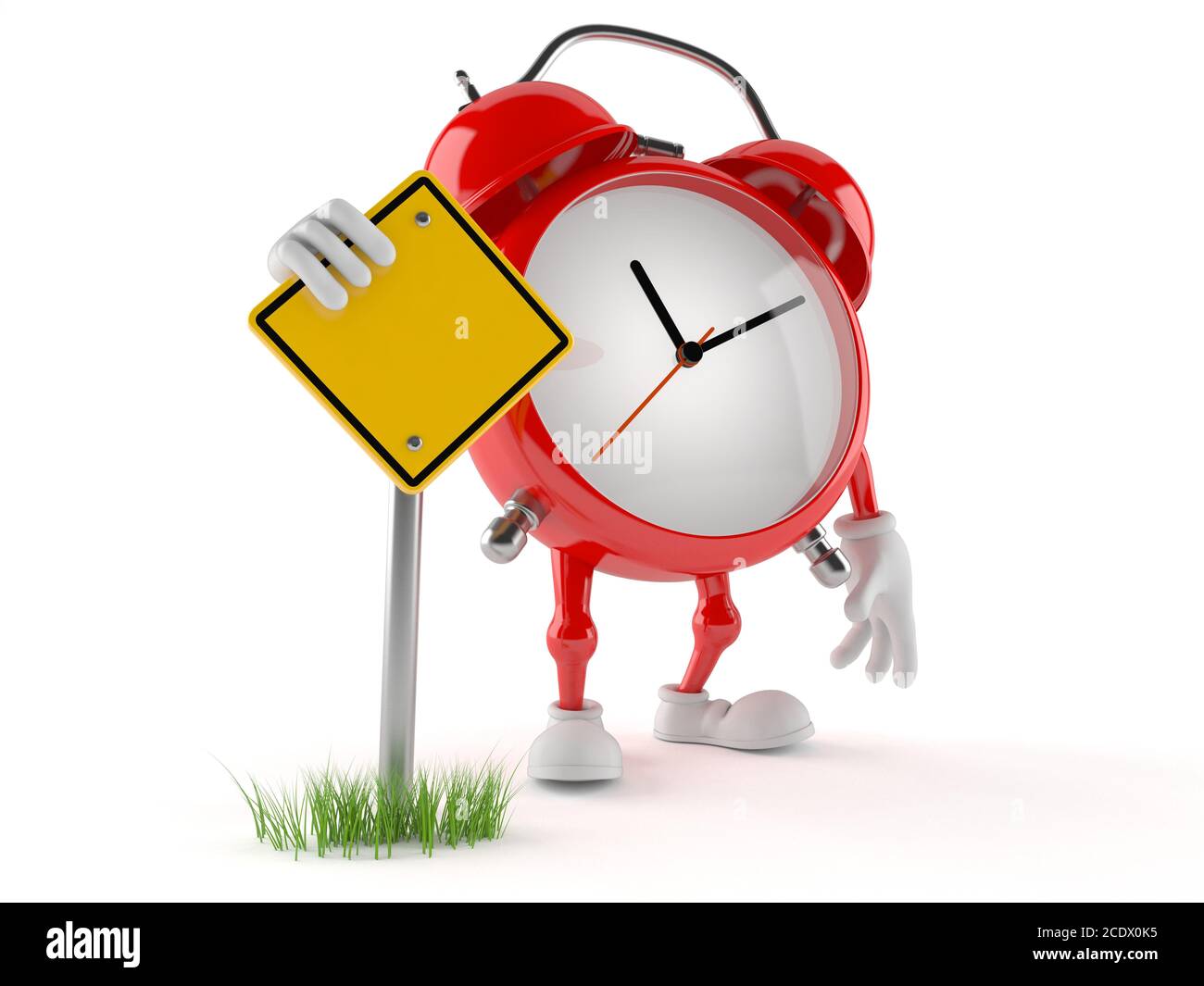 Alarm clock character with blank road sign isolated on white background ...
