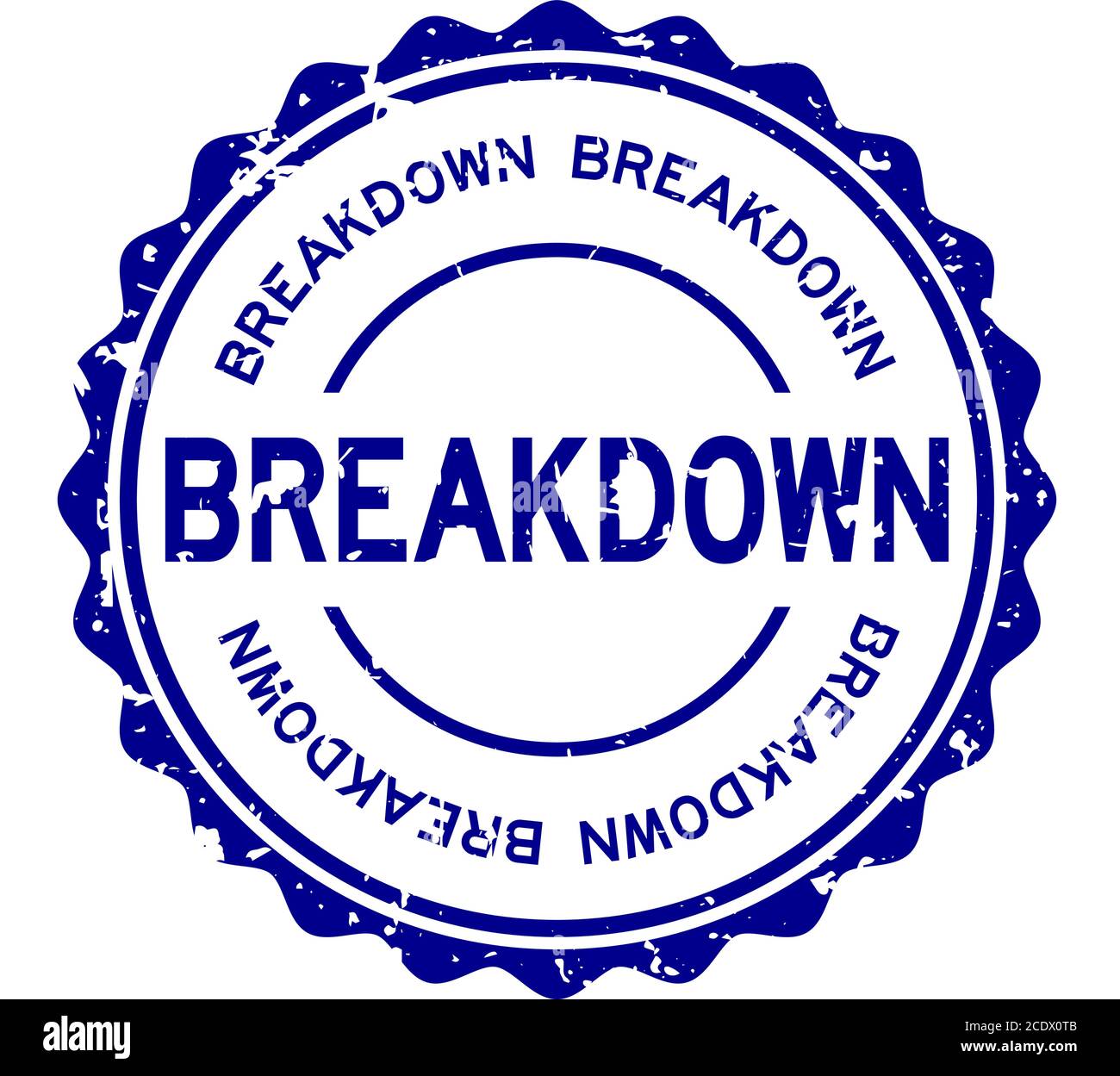 Grunge blue breakdown word round rubber seal stamp on white background ...