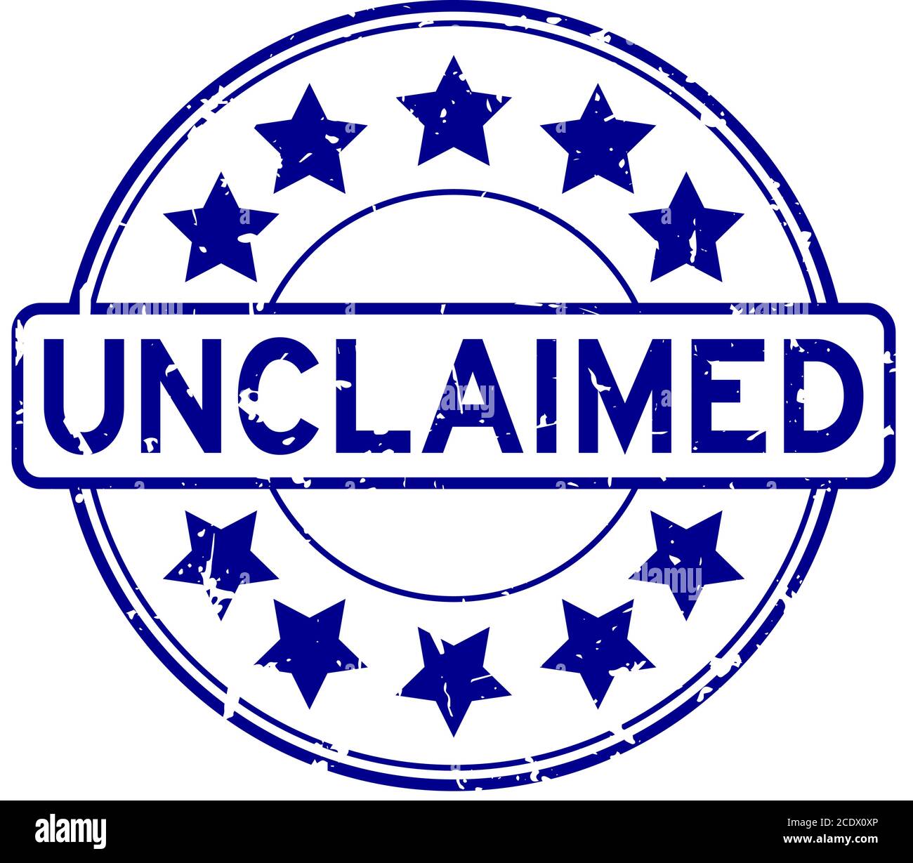 Grunge blue unclaimed word with star icon rubber seal stamp on white ...