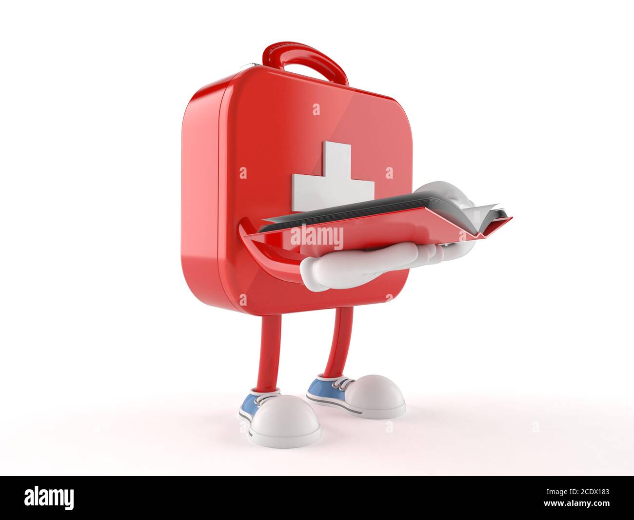 First aid kit character reading a book on white background Stock Photo ...