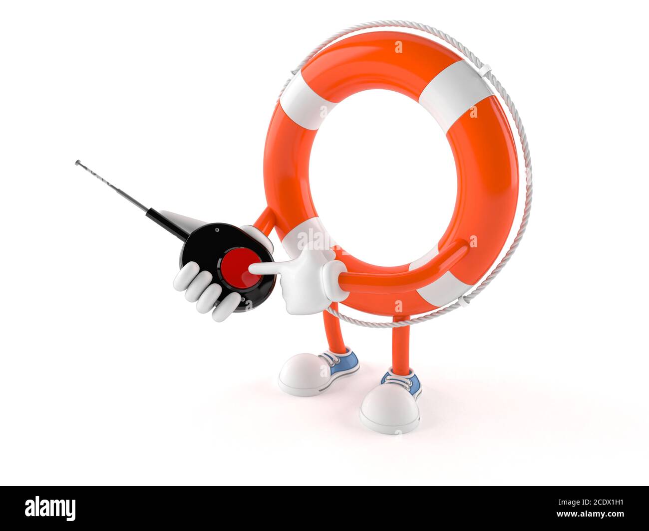 Life buoy character with remote push button isolated on white ...