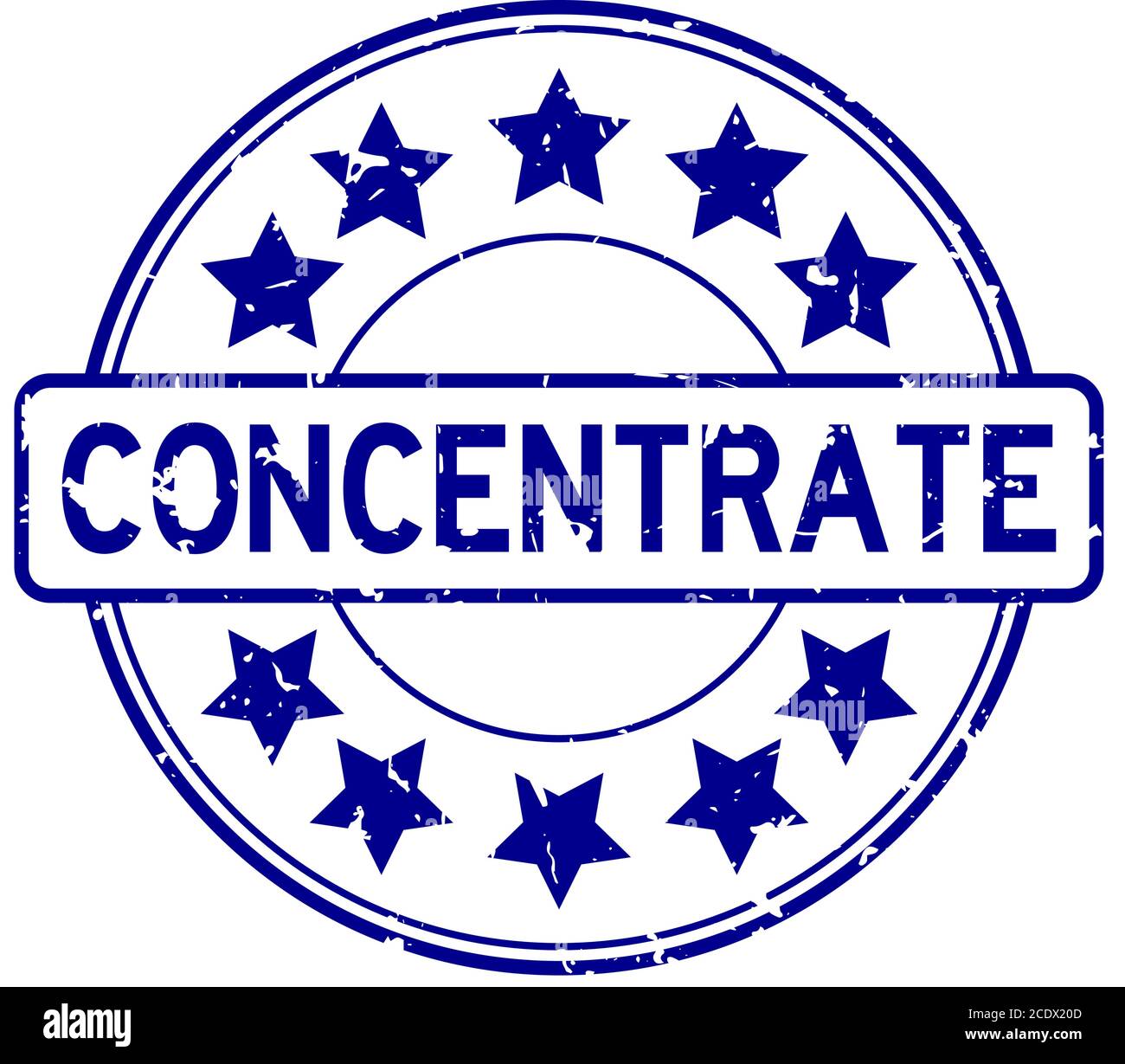 Grunge blue concentrate word with star icon round rubber seal stamp on ...