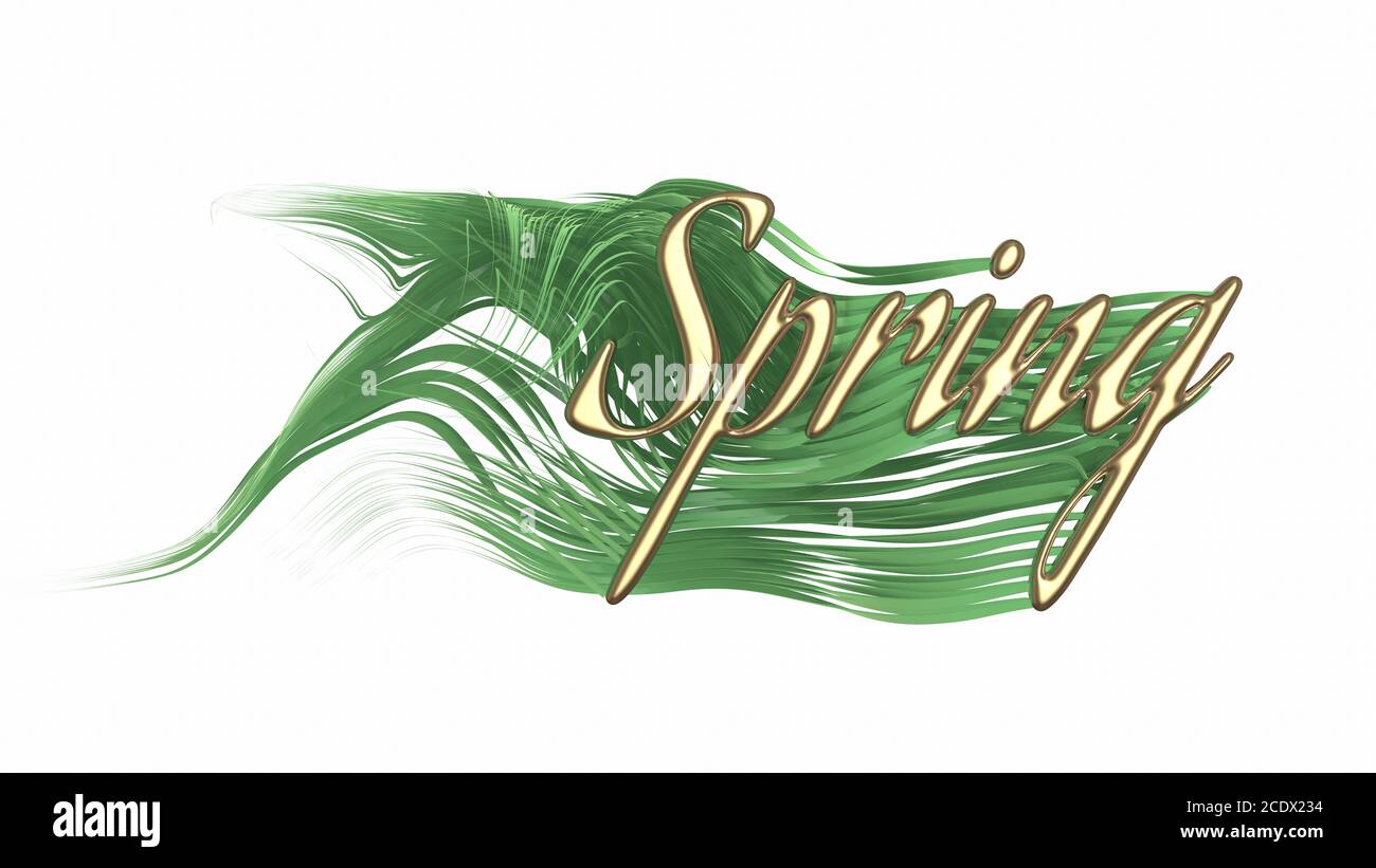 The word Spring lettering made by gold and growing green and fresh wavy ...