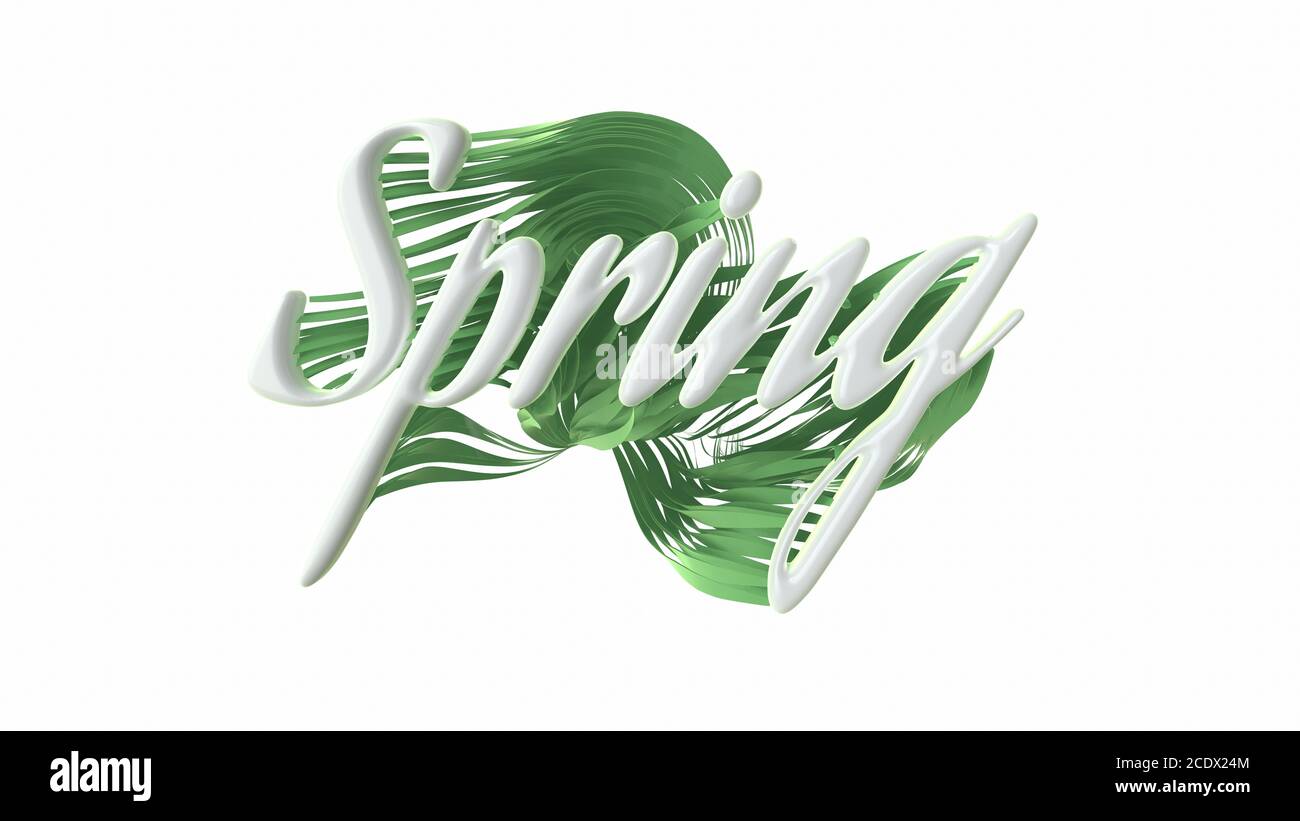 The word Spring lettering made by white plactic and growing green and ...