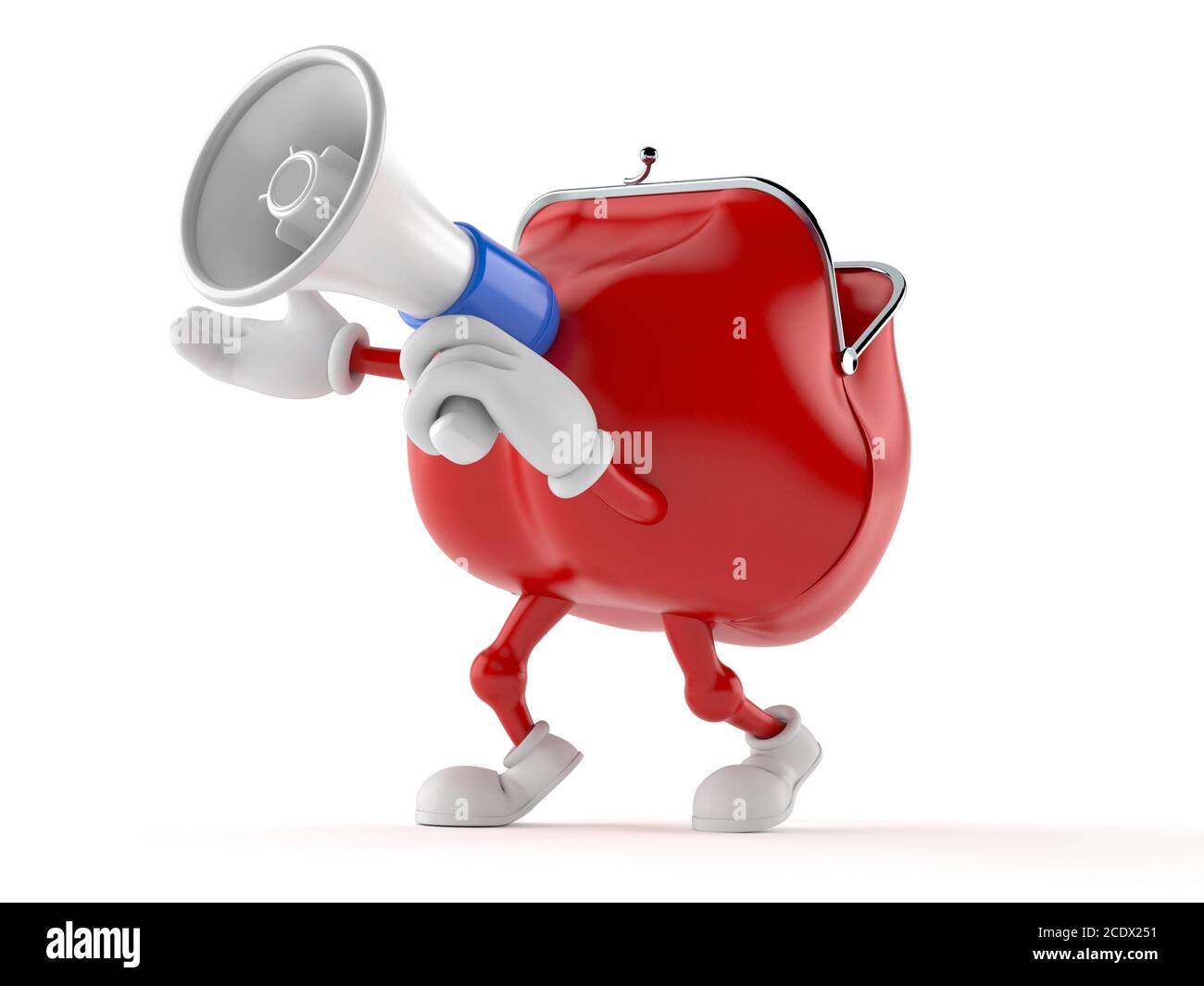 Purse character holding megaphone on white background Stock Photo - Alamy