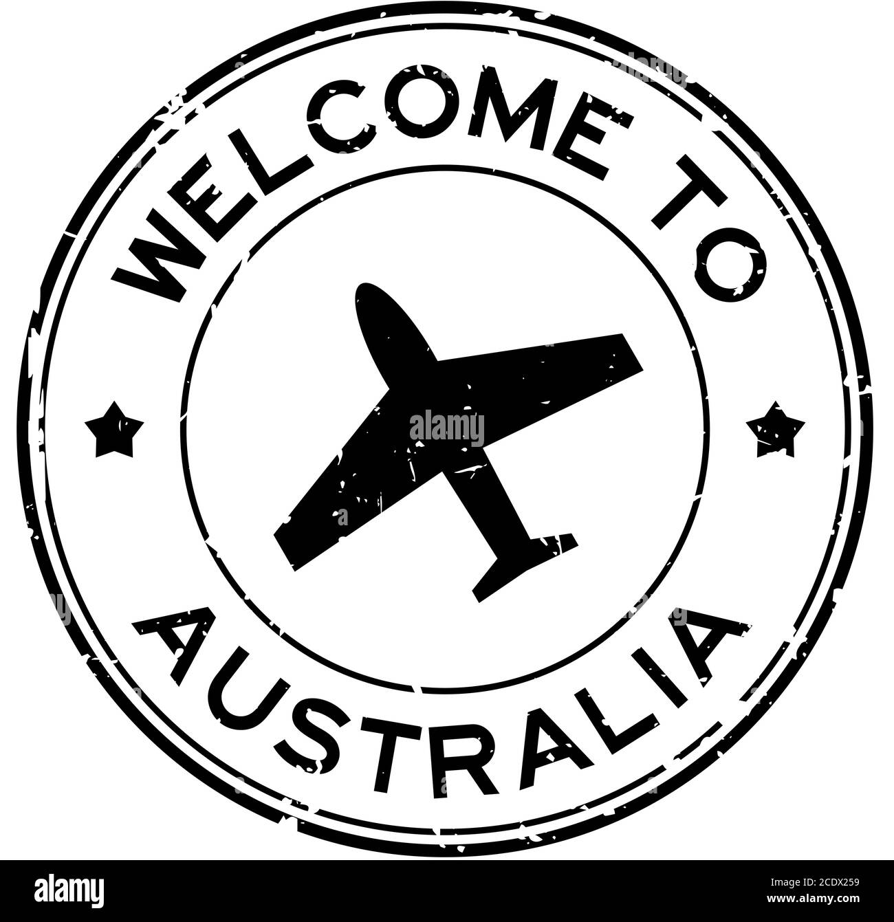 Grunge black welcome to Australia word with airplane icon round rubber ...