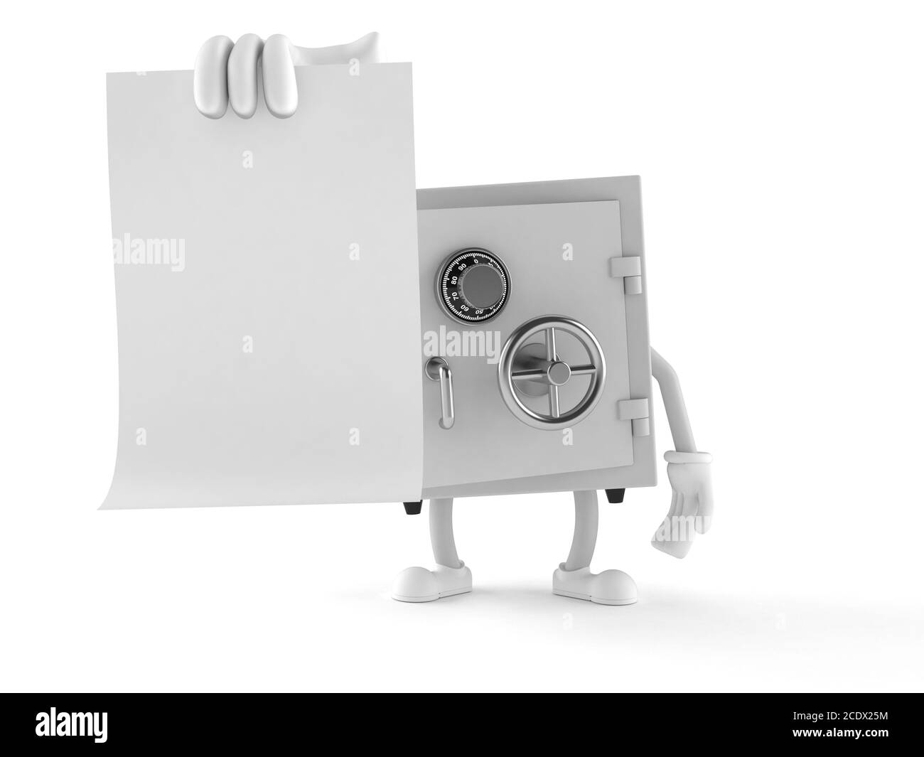 Safe character with blank sheet of paper isolated on white background ...