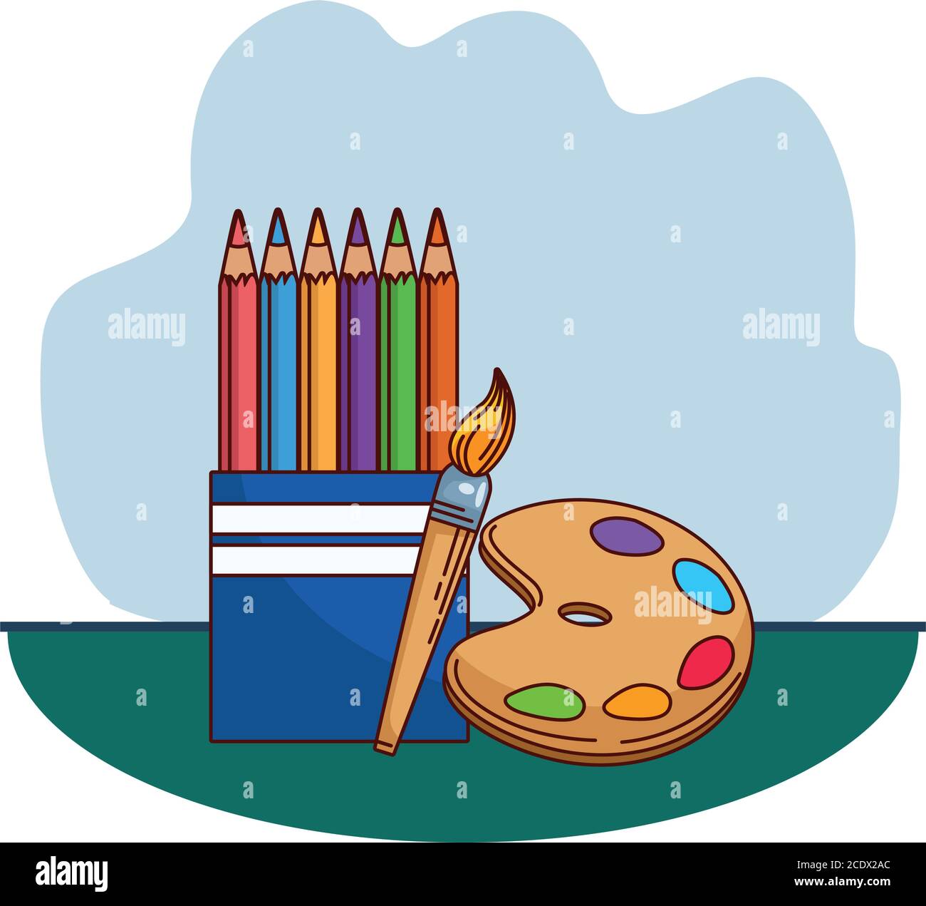 School colored pencils box paint brush and palette design, Education ...